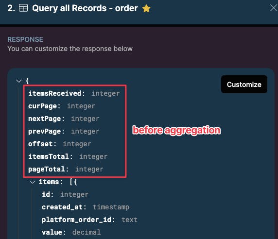 Paging metadata fields missing from aggregate output type