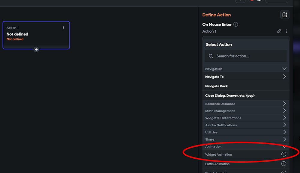 Widget Animation selection grayed out (disabled) when trying to add to mouse region