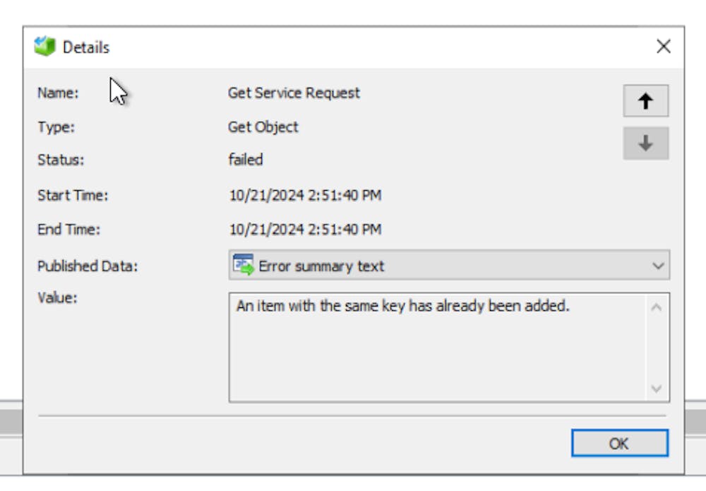 Orchestrator Runbook error - An item with the same key has already been added.
