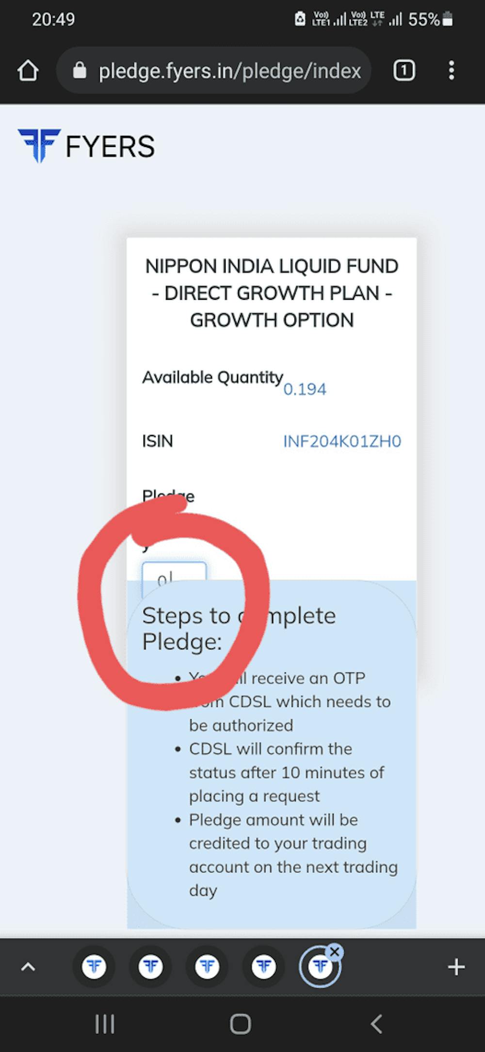 Unable to find submit while Pledge shares/mutual funds