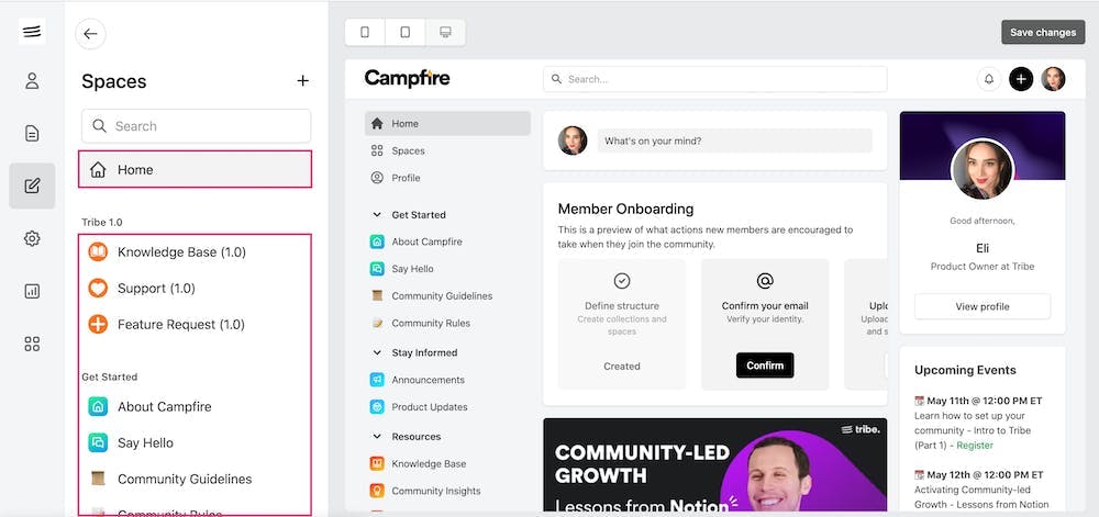 How to customize the layout of the Home page and Spaces