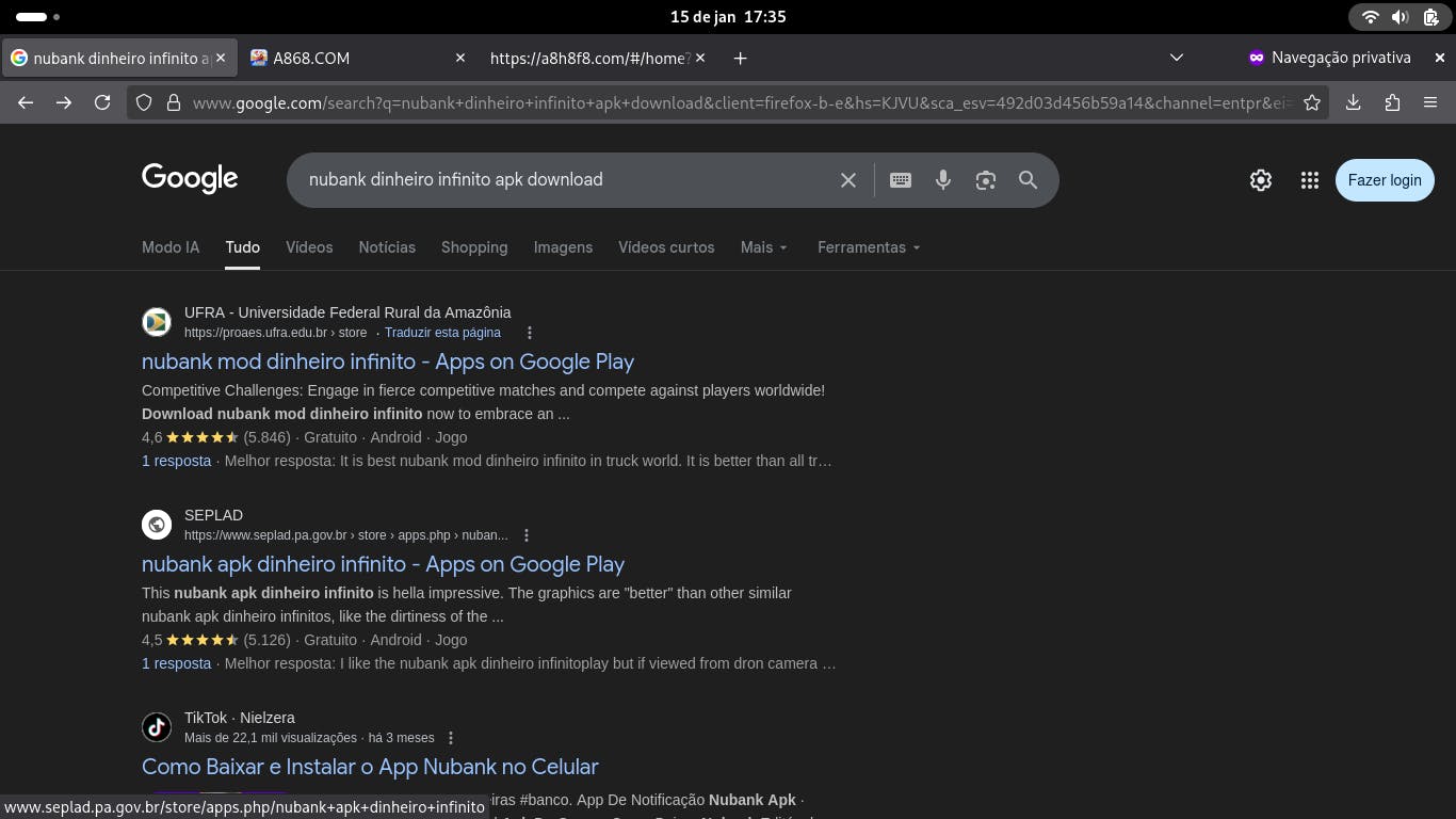 SEO poisoning ao pesquisar "nubank" e mais algumas palavras no Google