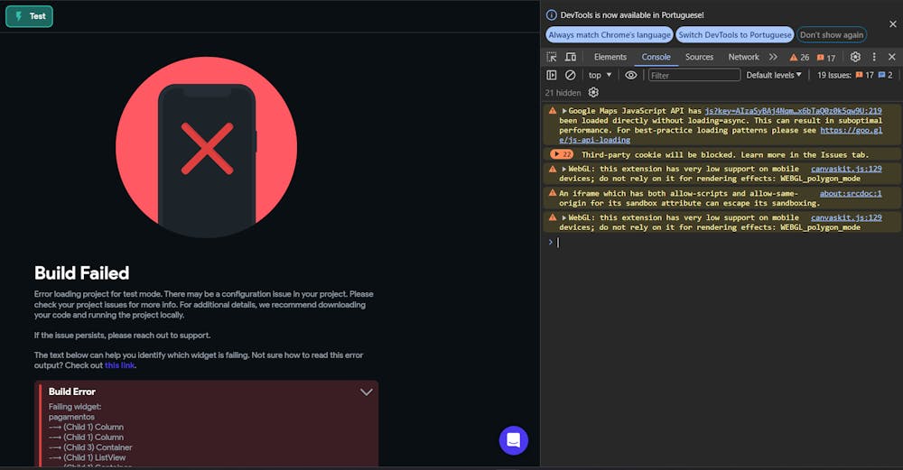 Erro ao abrir teste (BUILD FAILED - Failing widget) Erro ao abrir teste (BUILD FAILED - Failing widget)