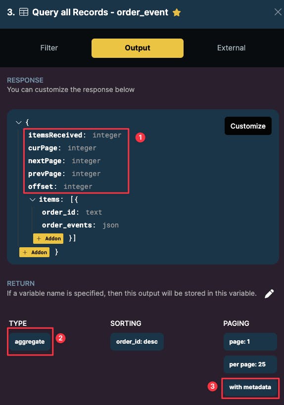 Paging metadata fields missing from aggregate output type