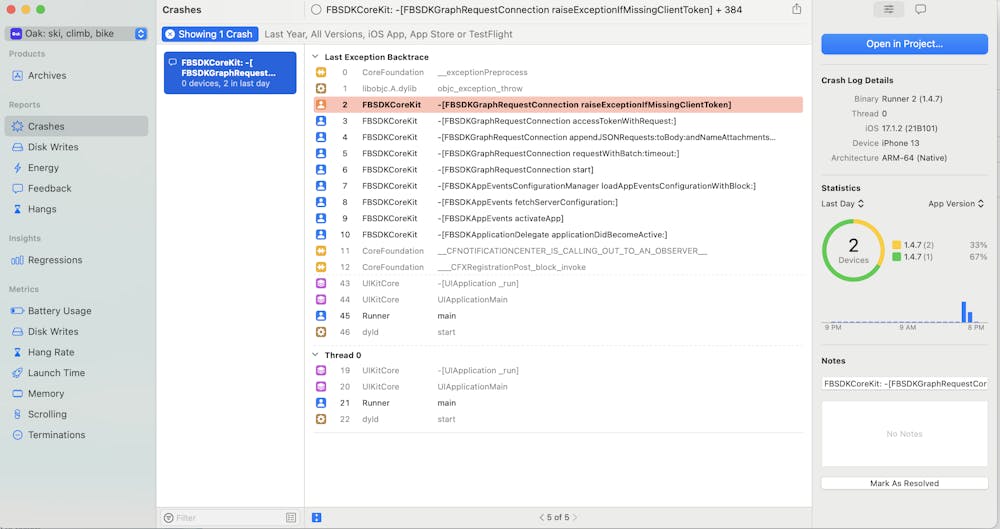 The app crashes immediately in Testflight