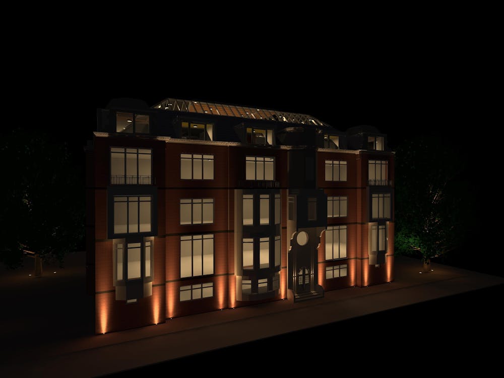 Concept for lighting office building with ground spotlights