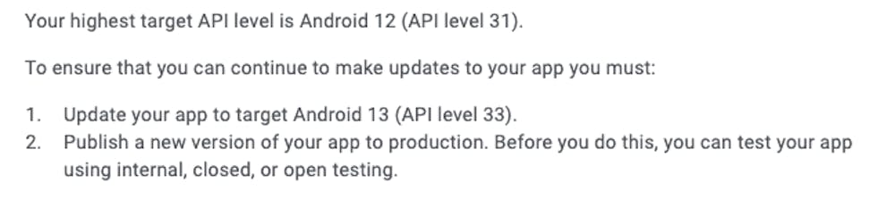 Your apps is affected by Google Play's target API level requirements