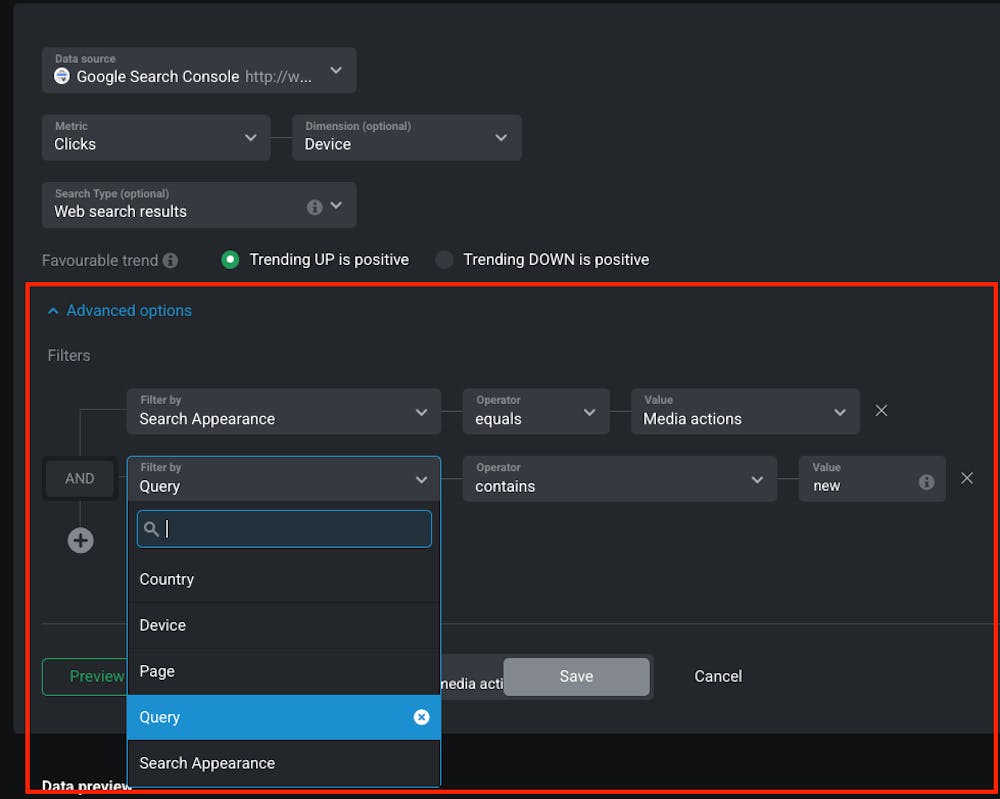 How to use advanced filtering for Google Search Console data?