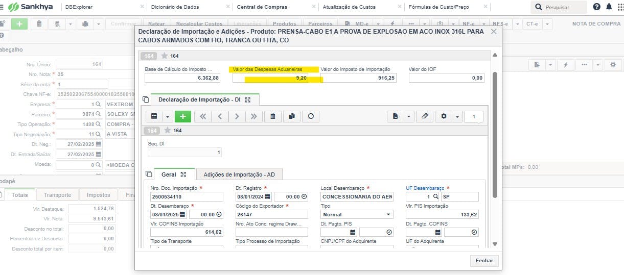 Como obter o valor correto do campo "Vlr Despesas Aduaneiras" da tabela ...