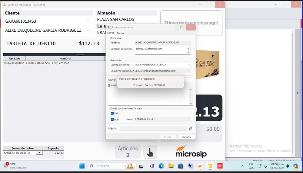 MICROSIP SE ALENTA AL QUERER ENVIAR FACTURAS POR EL MODULO PUNTO DE VENTA