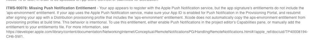 App Store Missing Push Notification Entitlement 