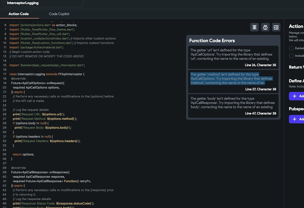 Interceptor sample code from Flutterflow generates errors
