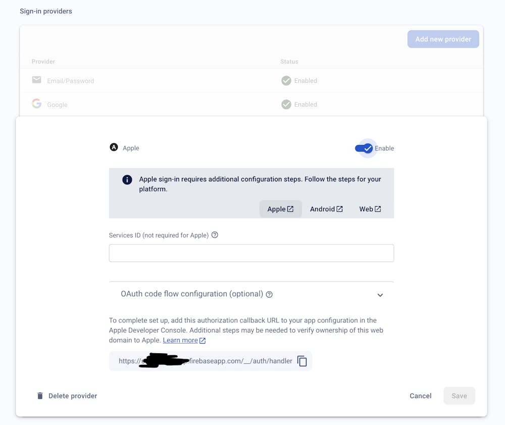 Firebase Apple Sign In disabled error even when it is enabled