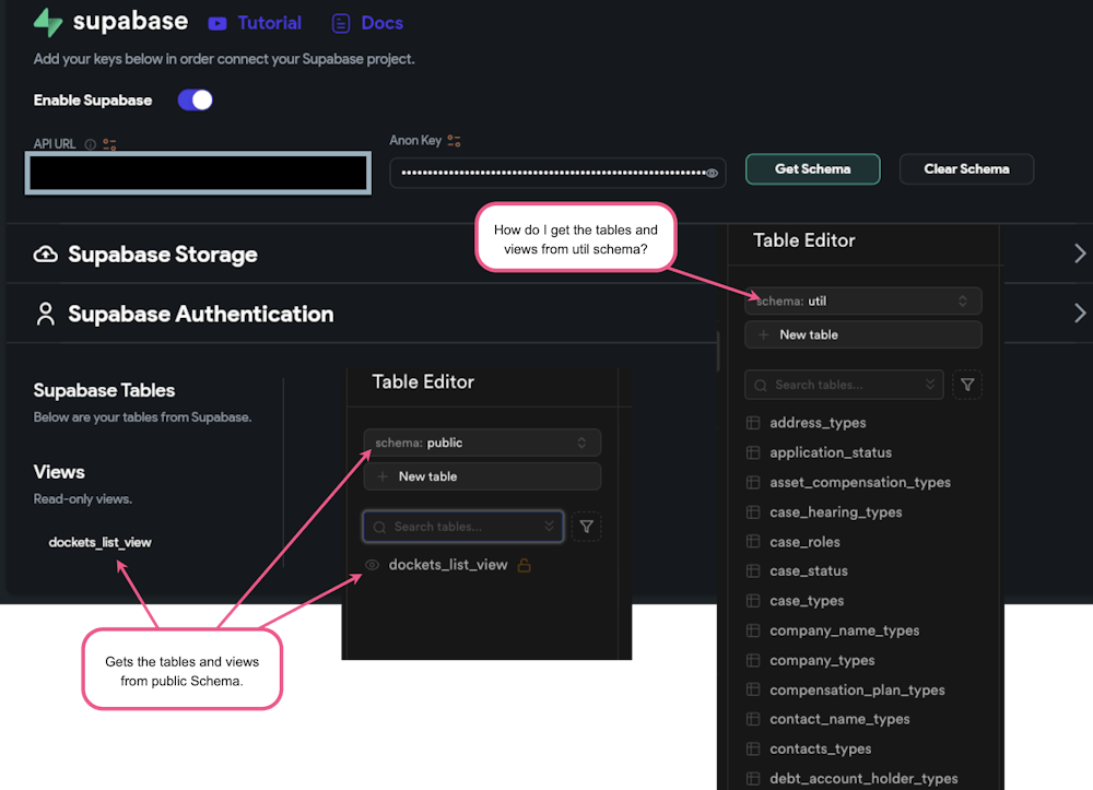 How do I connect to custom schemas in supabase?