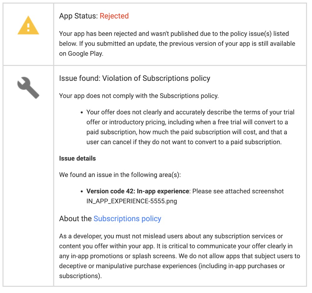 Google play console - Violation of Subscriptions policy