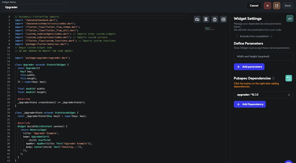 Issue With Adding Upgrader Pubdev Package Into Flutterflow