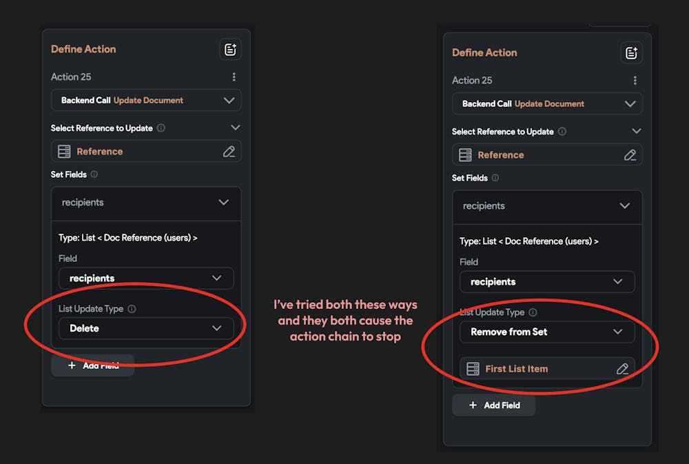 Why does deleting the last item in a list crash the action chain?