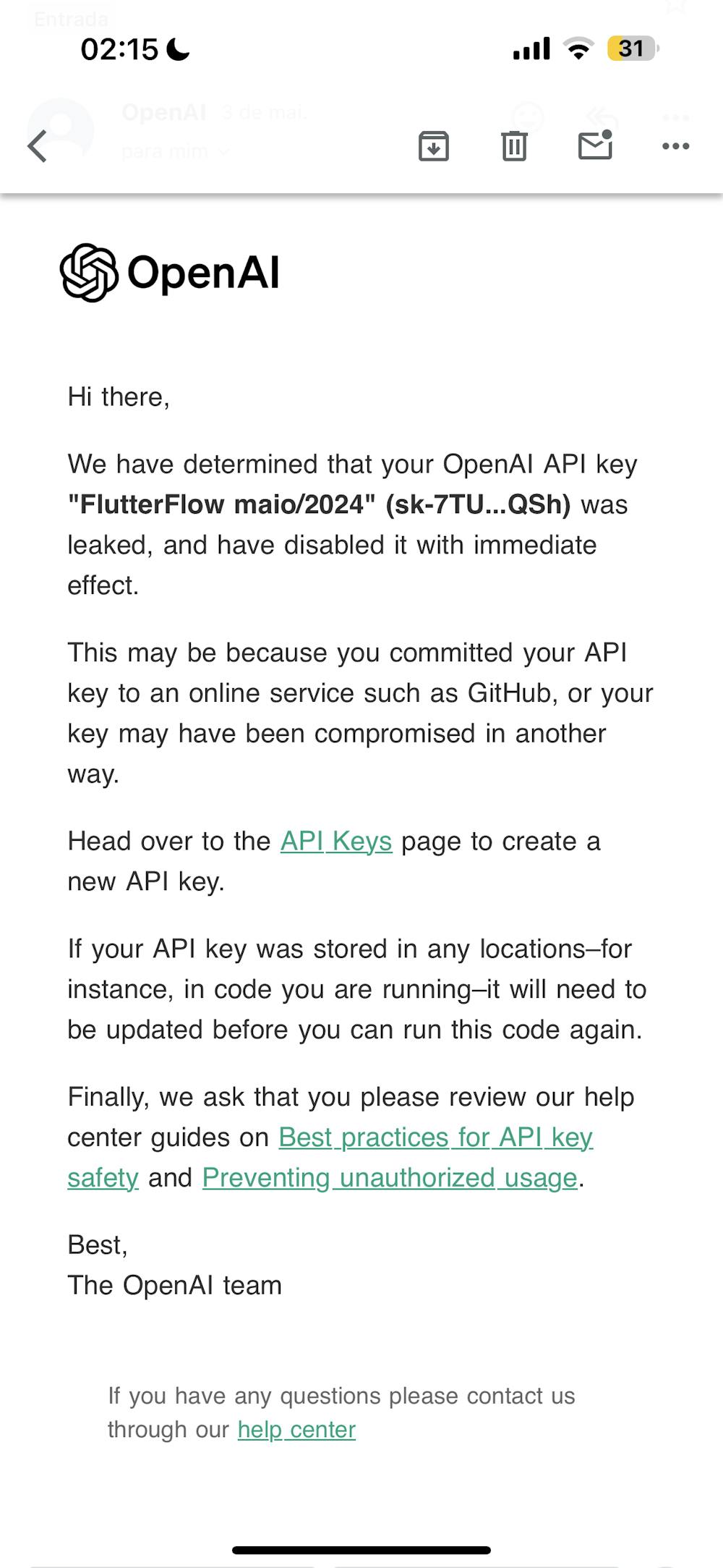 Open AI API Key was disabled