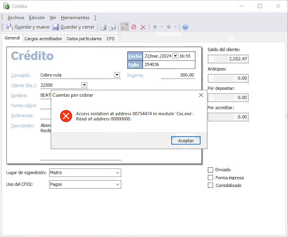 Mensaje de error: Access violation at address 00754474 in module 'Cxc ...