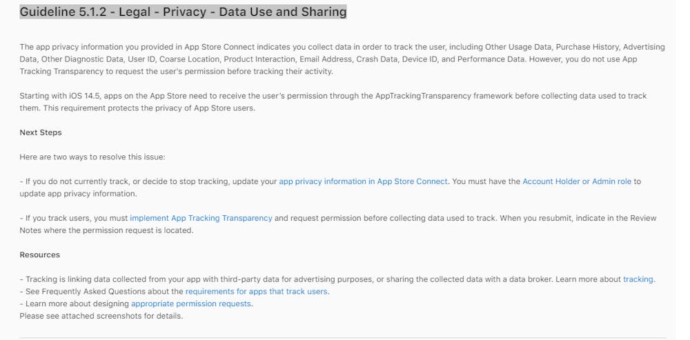 Using adMob & Analytics in my app and got rejected - Guideline 5.1.2 - Legal - Privacy - Data ...