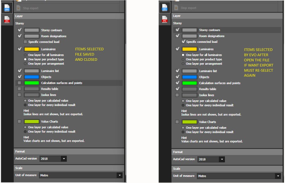 EVO must keep last selection for “DWG and DXF export” options.