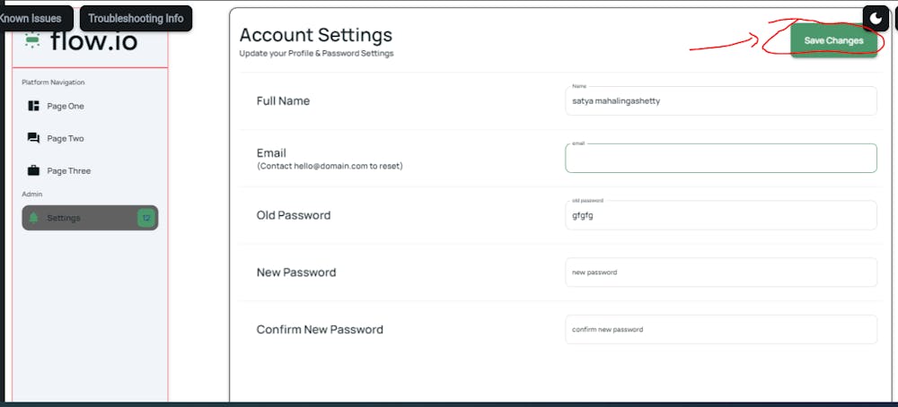 Settings Page Edit / Save Changes button toggle with text fields read ...