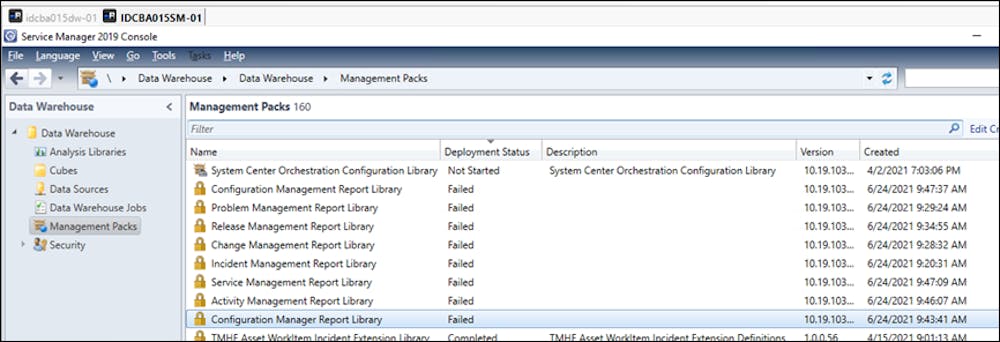 Data warehouse Management packs - deployment status failed