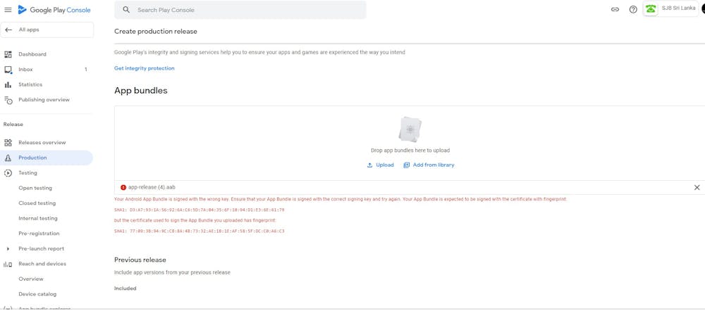 google play console AAB file Upload, but coming error massage