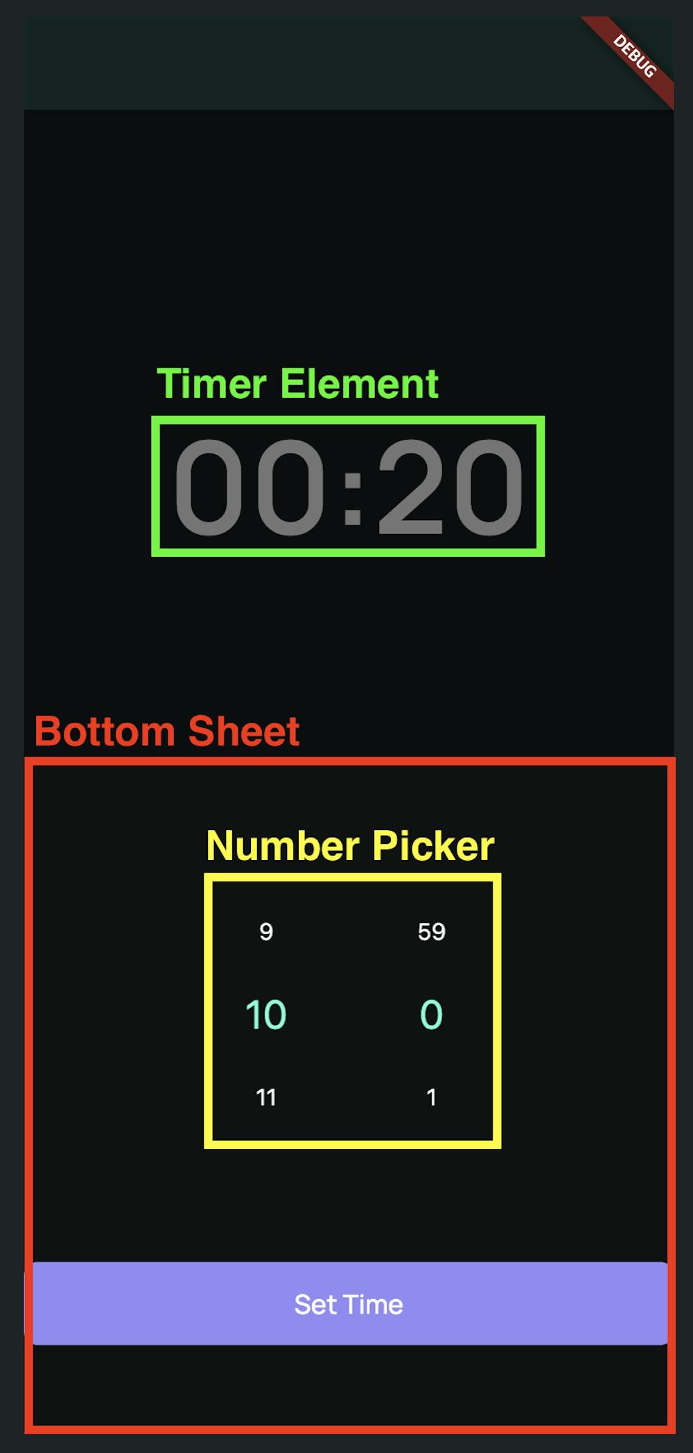 How to modify the value of the 'Timer' element inside 'Page' using the button inside 'Bottom Sheet'