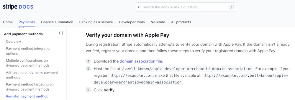 Verify domain ownership to use Apple Pay via Stripe