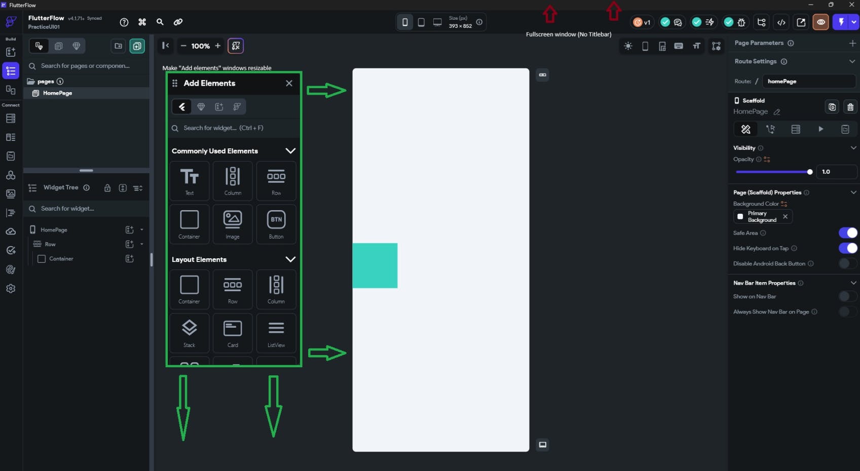 Make "Add elements" windows resizeable & Full screen window (No Title bar)