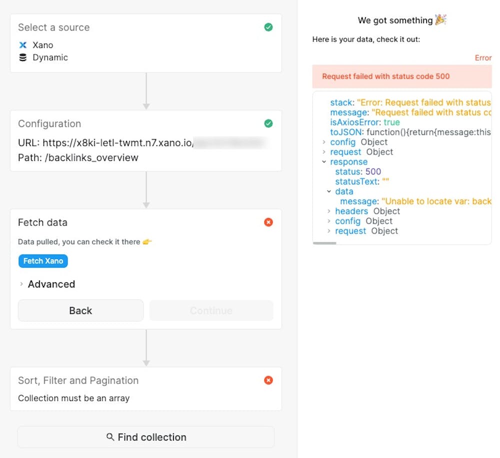 API request works in Xano but doesn't work in WeWeb