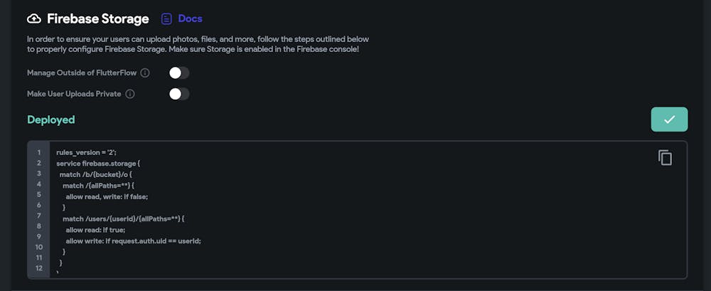 How to change Firebase Storage rules within FlutterFlow after deploying the rules?