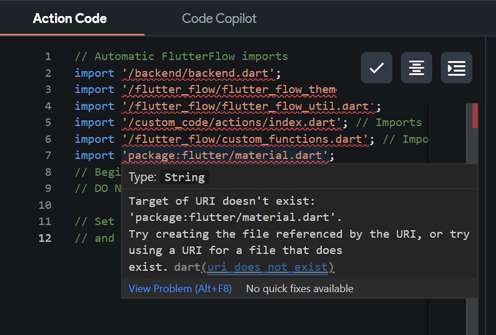Automatic FlutterFlow imports in Custom Action get errors