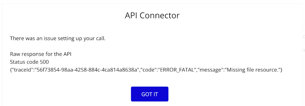 Error 500 : "code":"ERROR_FATAL","message":"Missing file resource."