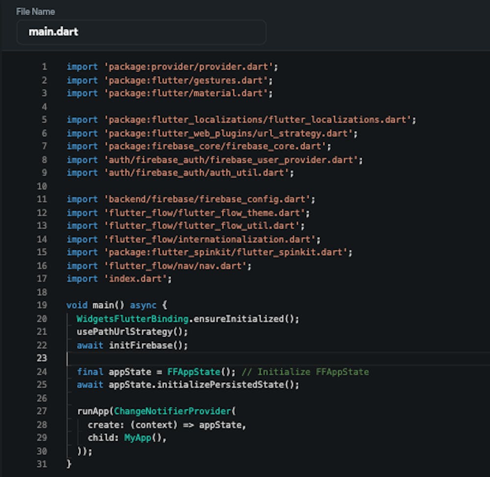 Issue on editing the Main Function in FlutterFlow App