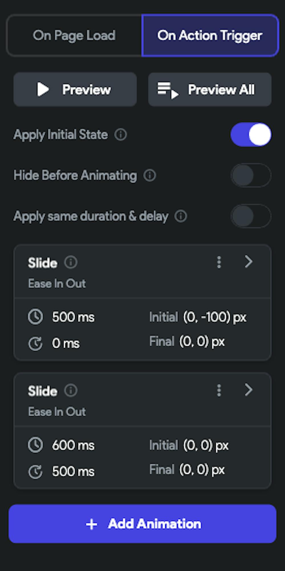 Two different animation triggers on a same element