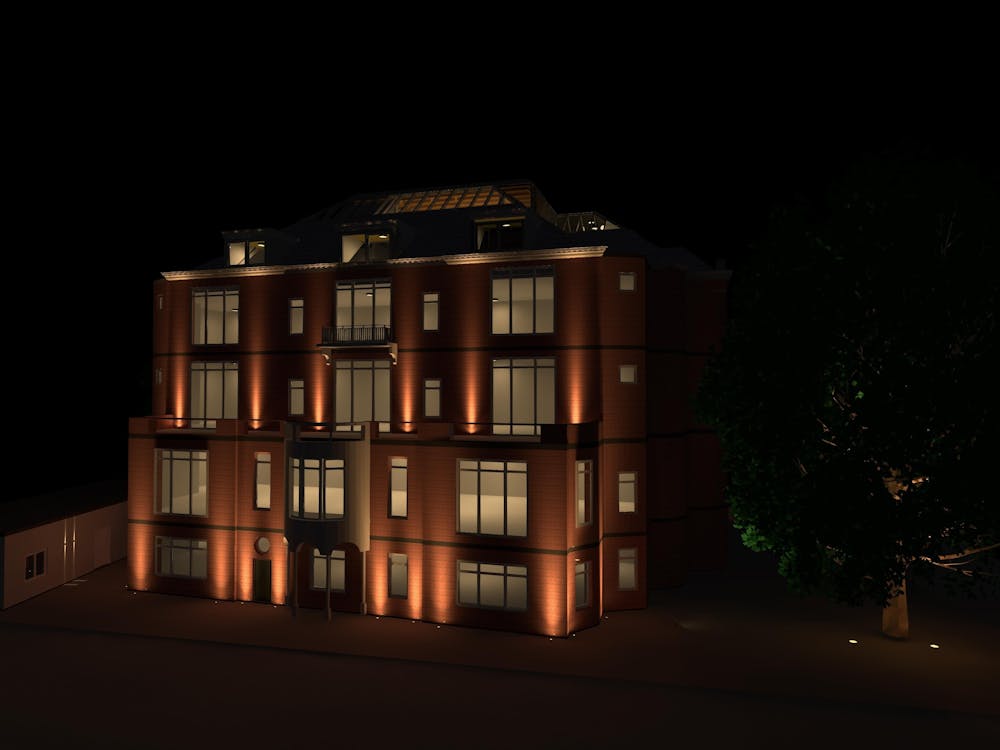 Concept for lighting office building with ground spotlights