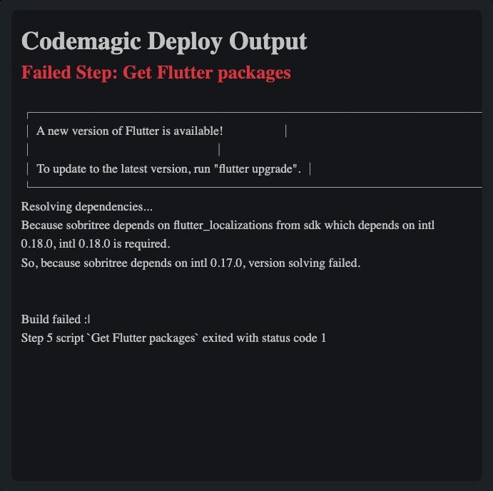 Failed Step: Get Flutter packages Failed Step: Get Flutter packages