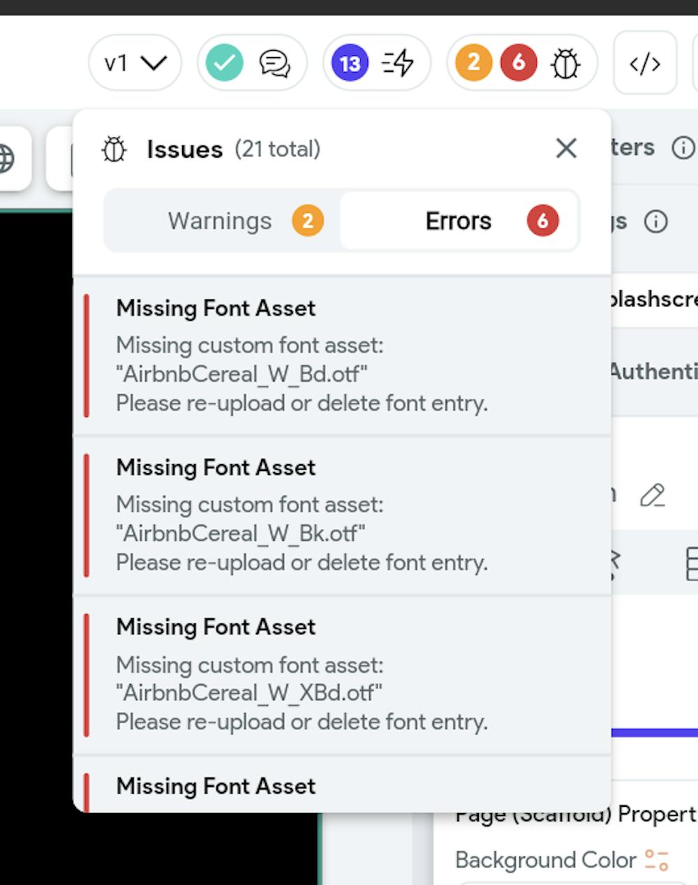 Missing custom font asset / Please re-upload or delete font entry.